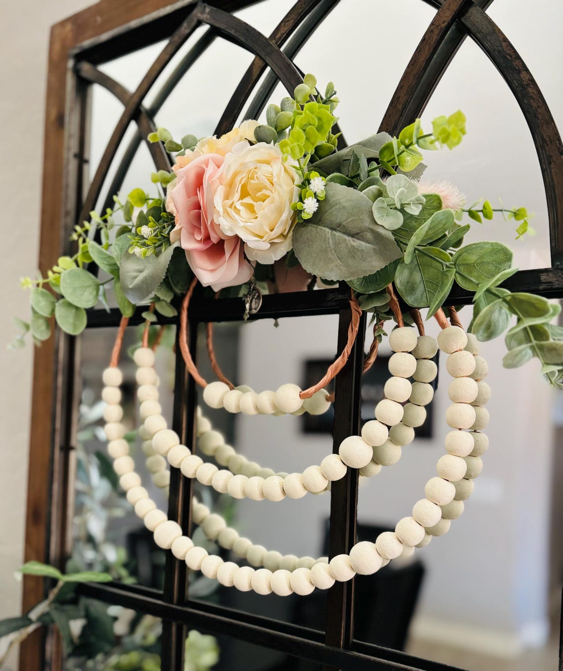 Rosary Inspired Beaded Wreath, Hidden Rosary Wall Hanger, Catholic Wall ...