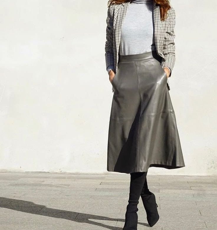Handmade Leather Skirt, A Line Leather Skirt, Grey Leather Skirts, Long Leather Skirts, Leather ...