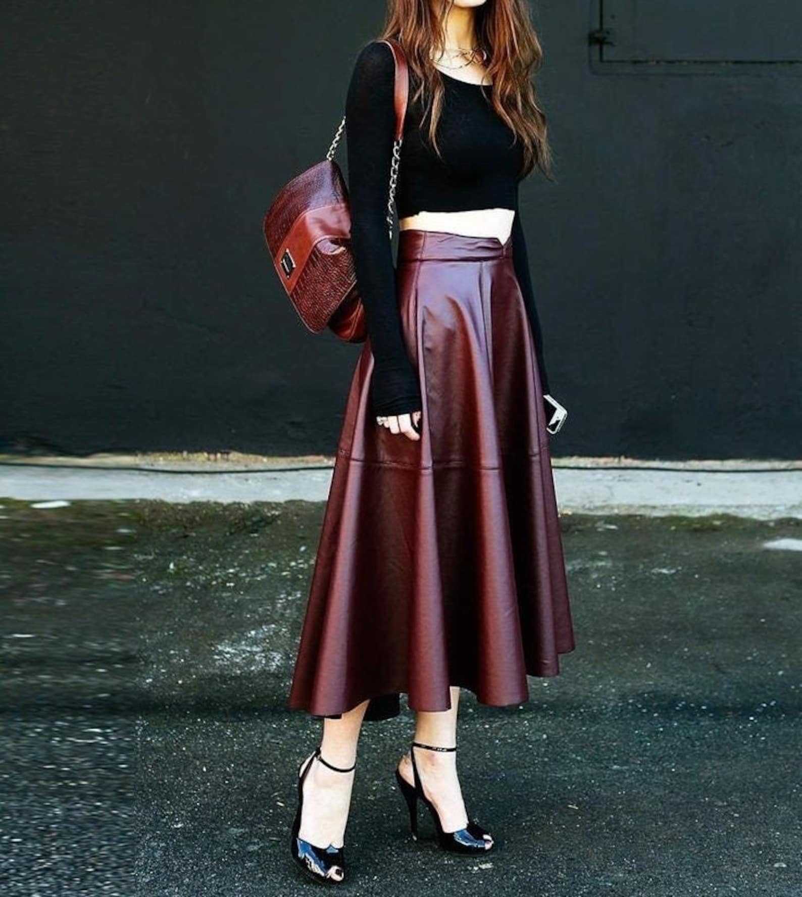 HOT Women's Leather Skirt, Long Leather Skirt, Leather Flare Skirt, Long Leather Skirt, Cocktail ...