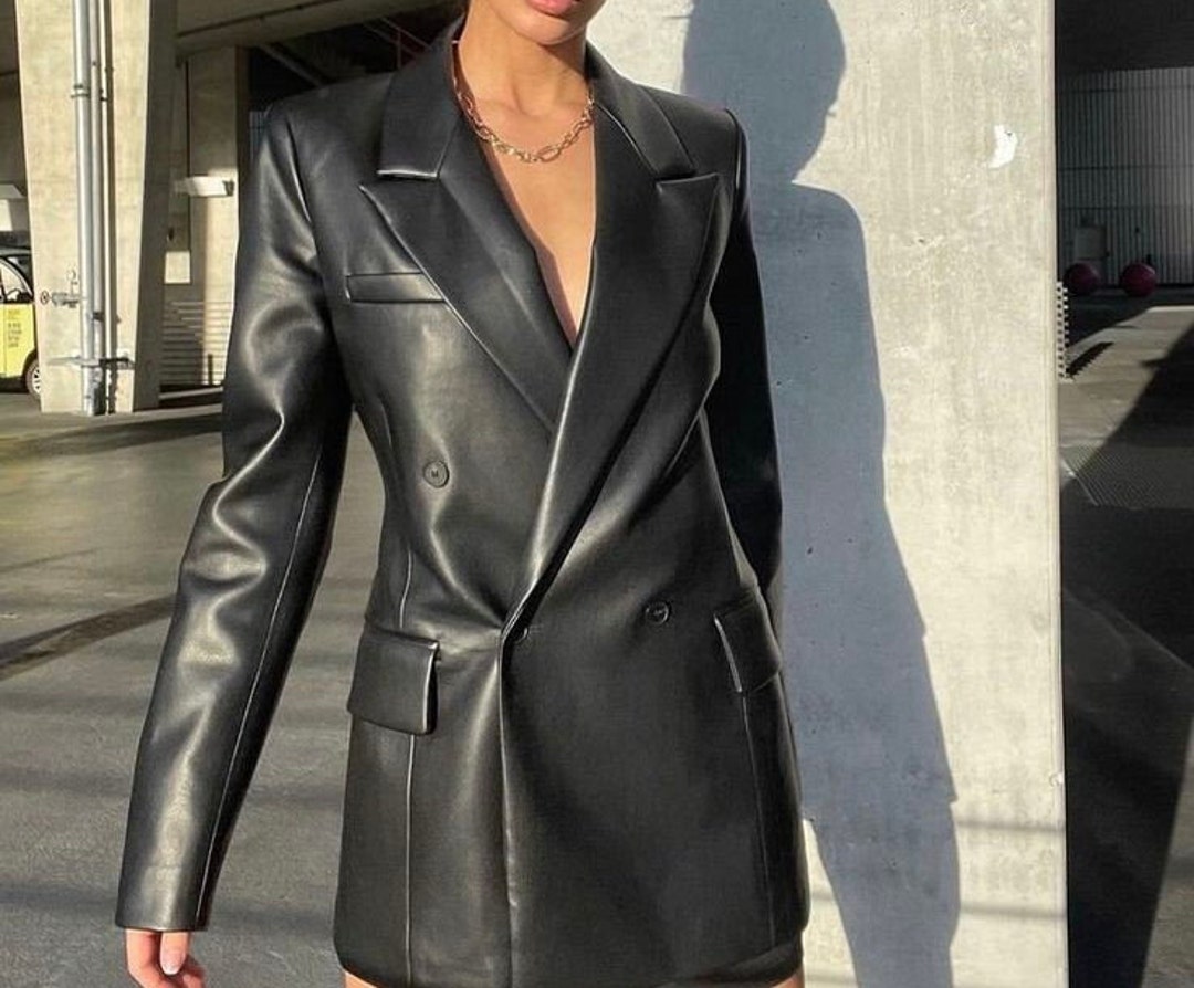 Customize Women's Leather Blazer, Fitted Leather Blazer Women, Black ...