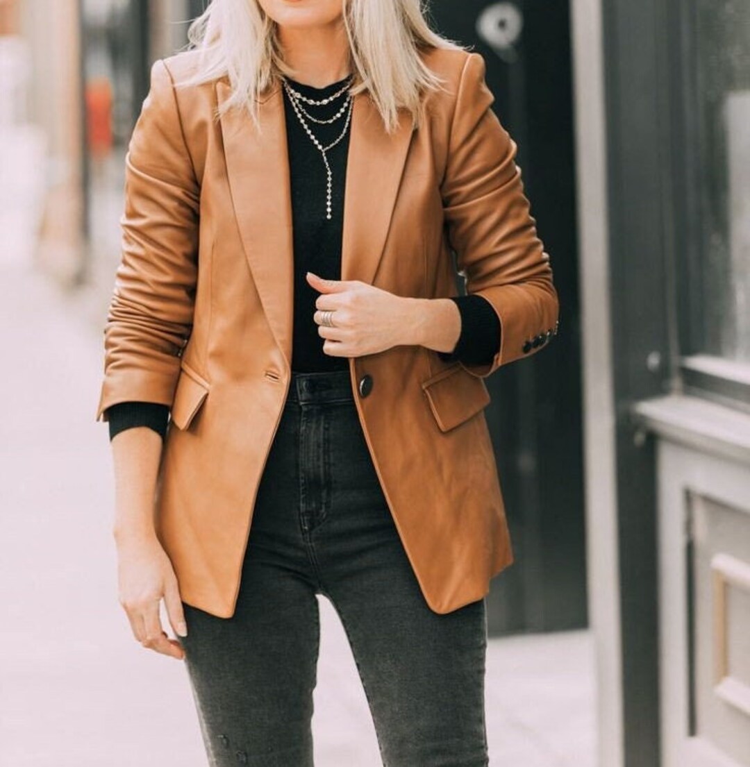 Customize Women's Leather Blazer, Tan Leather Blazer Women, Black ...
