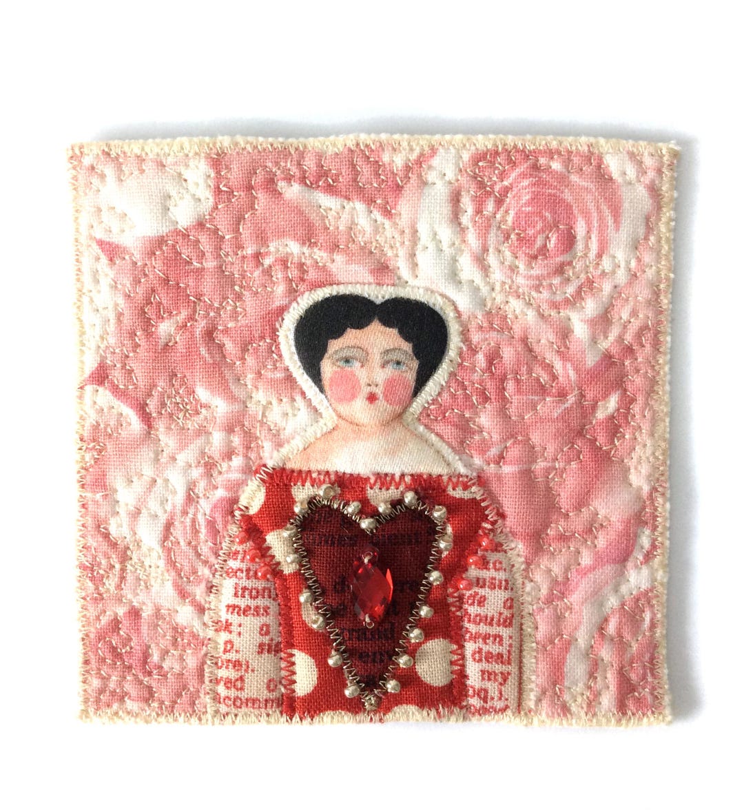 Pretty Valentine Textile Wall Art Tiny Picture Embellished With Beads ...