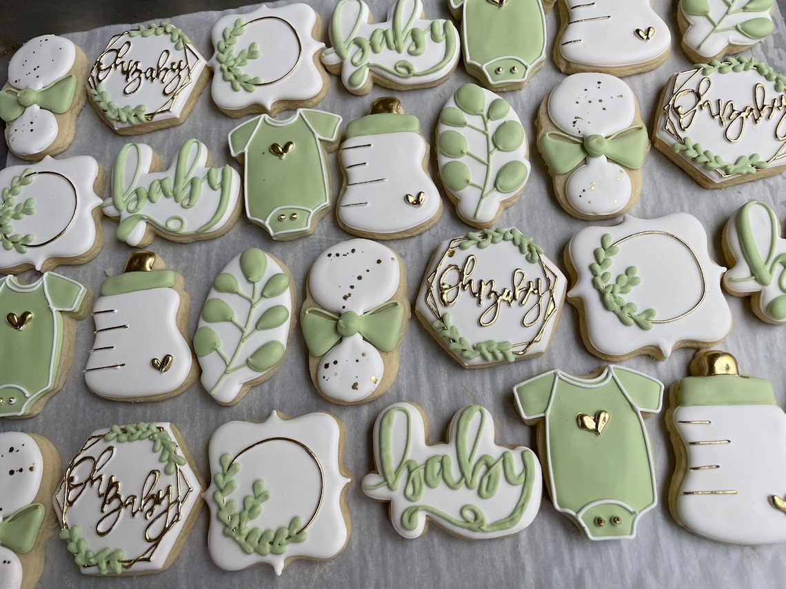 Greenery Baby Shower Cookies, Rustic Baby Shower, Green and Gold Baby ...
