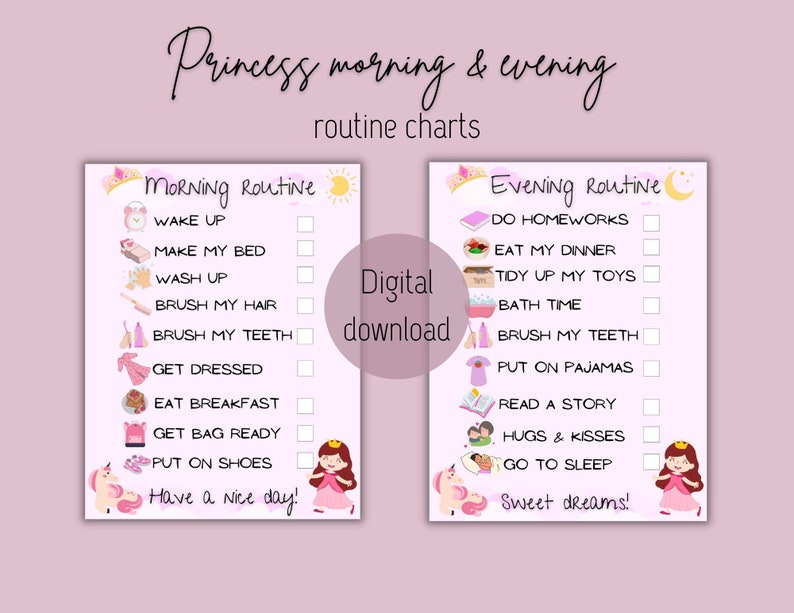 Printable 2 in 1 Morning and Evening Princess Schedule Charts - Etsy