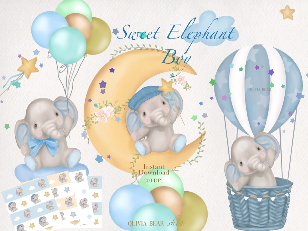 Watercolor Baby Elephant Design Boy , Commercial Use Clipart, Instant ...
