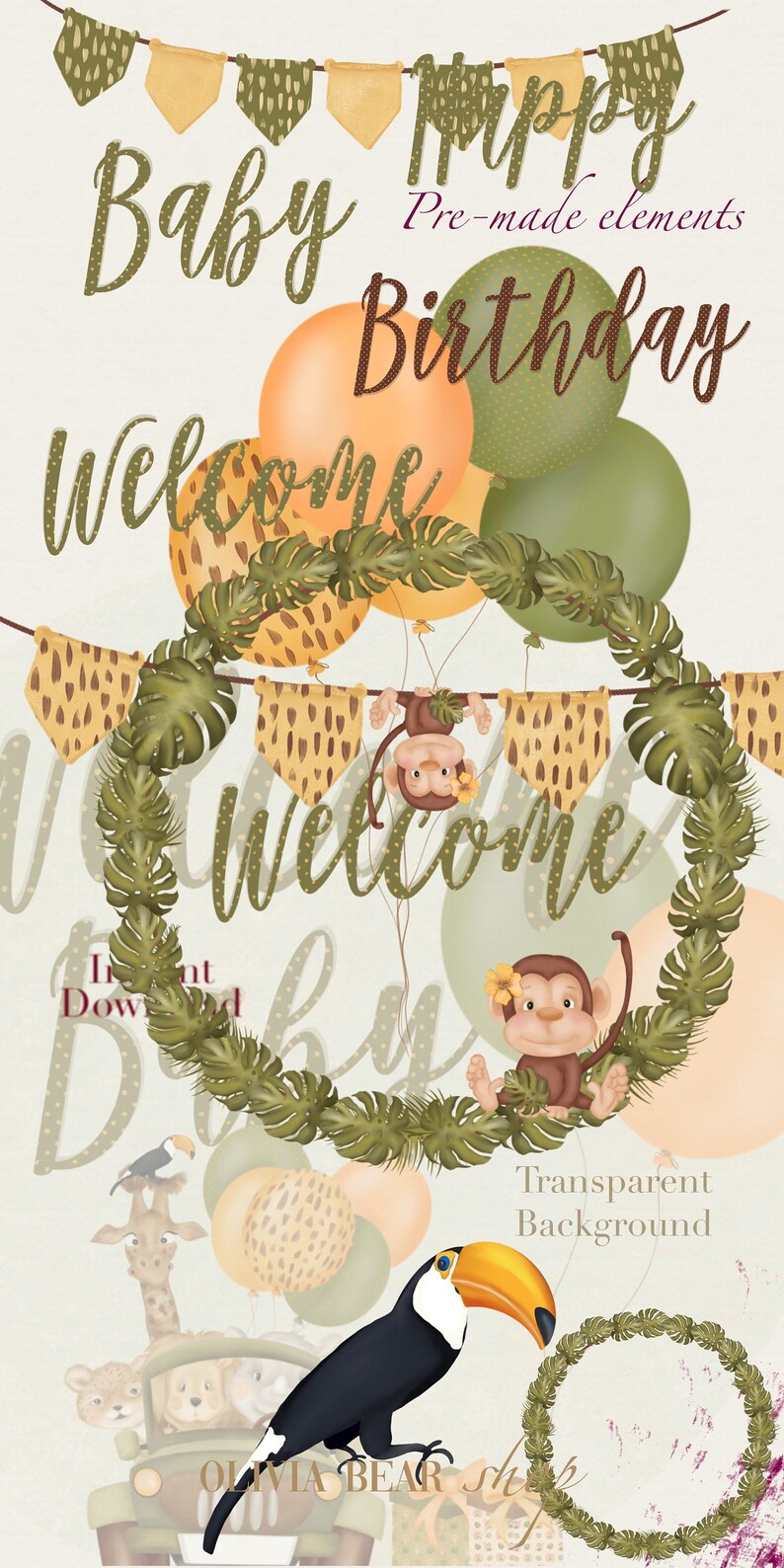 Jungle Watercolor Animal Clipart, Jungle Nursery, Jungle Baby Shower ...