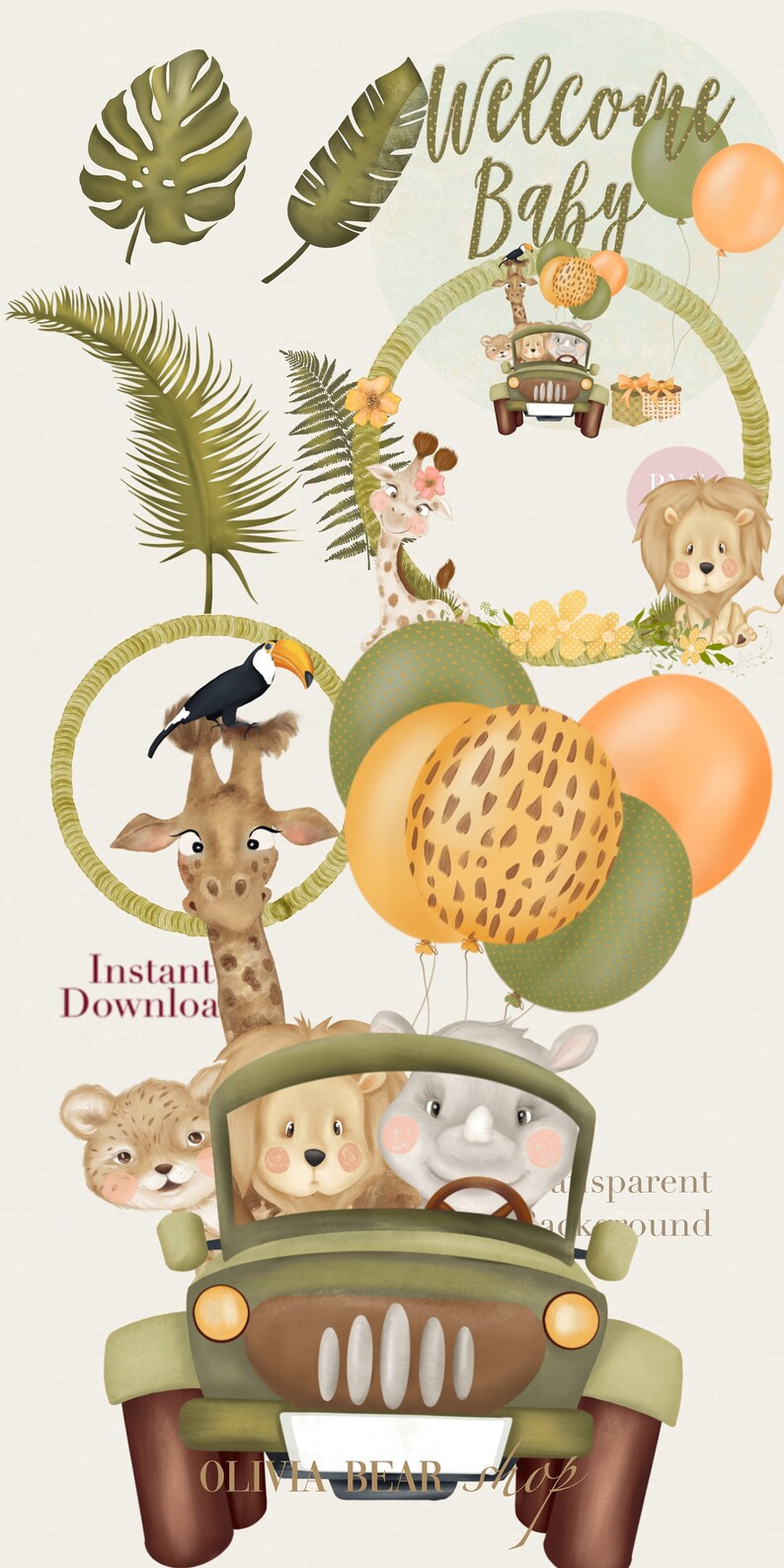 Jungle Watercolor Animal Clipart, Jungle Nursery, Jungle Baby Shower ...