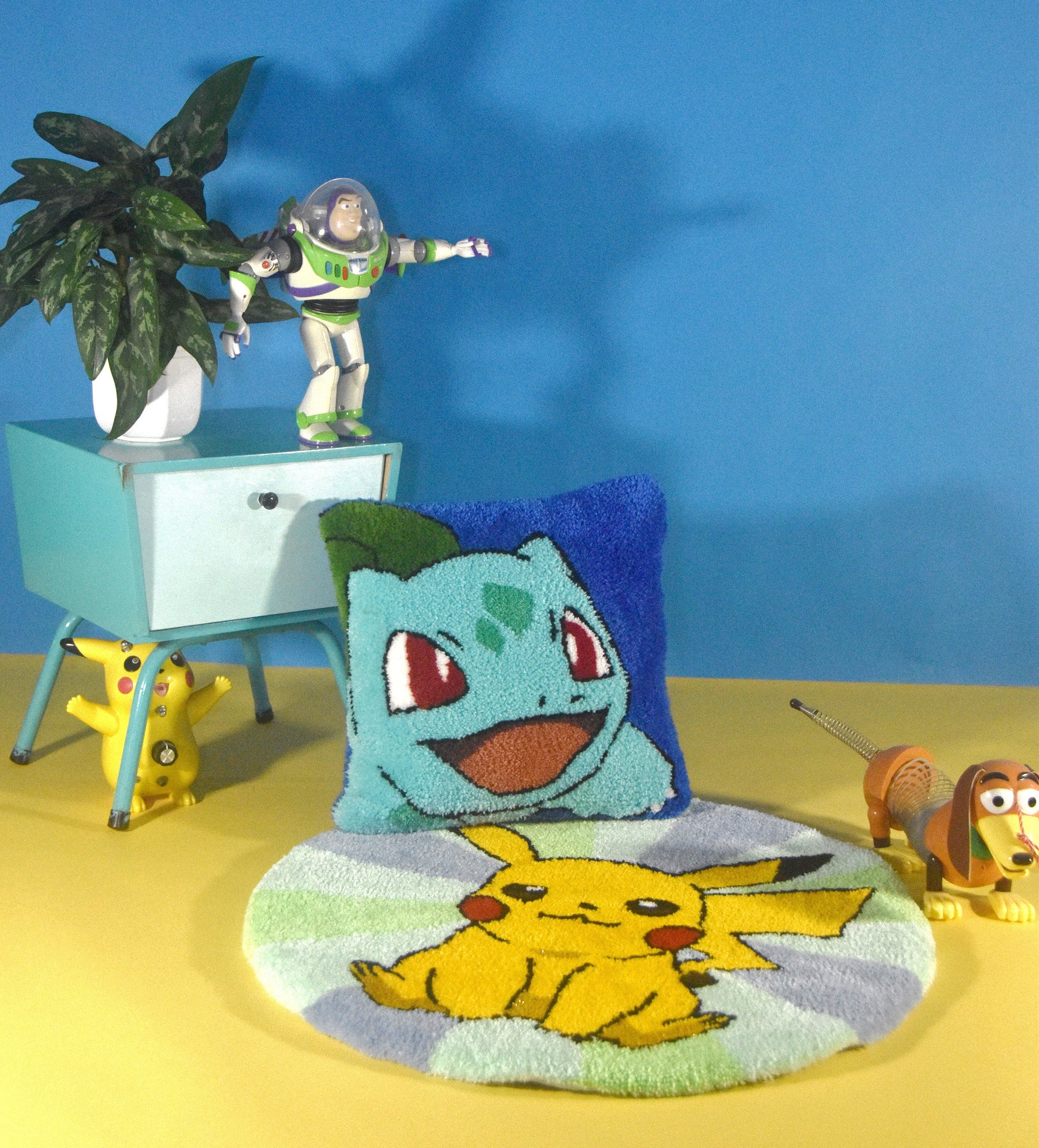 Pikachu Back and Bulbasaur Cushion Colorful Handmade Rug From Pokémon ...