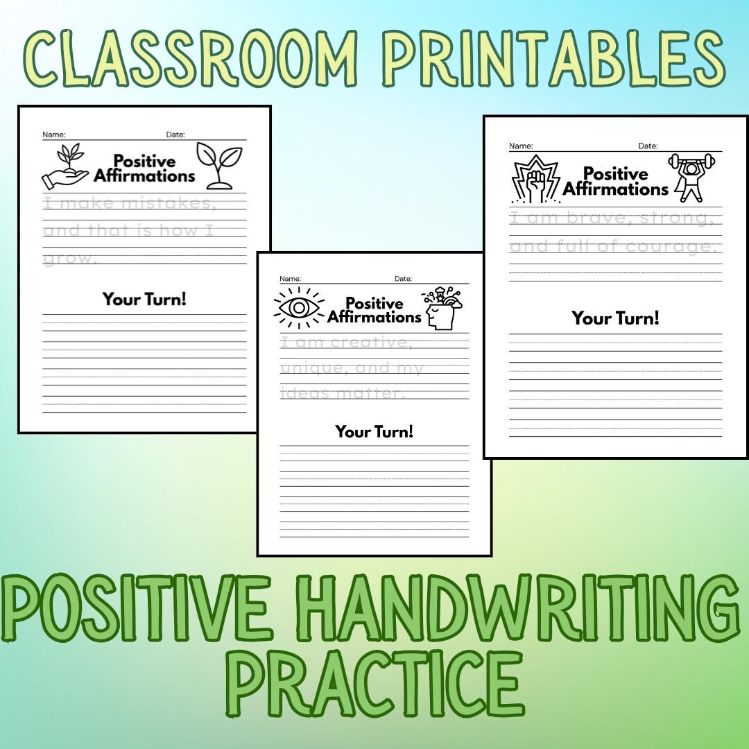 Positive Affirmation Handwriting Practice: Kids Worksheet Set (digital ...