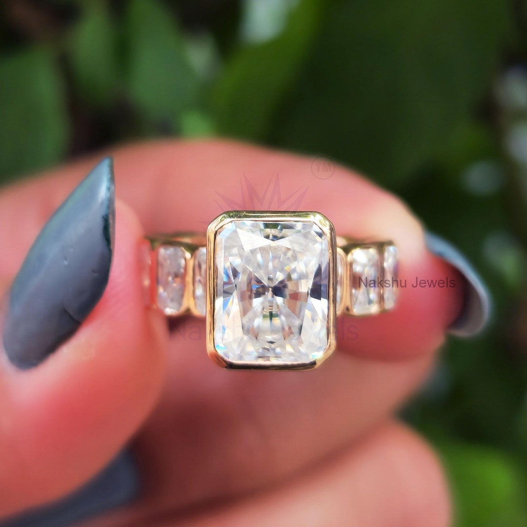 Bezel Set Radiant Cut Moissanite Engagement Ring, 14K Solid Gold ...