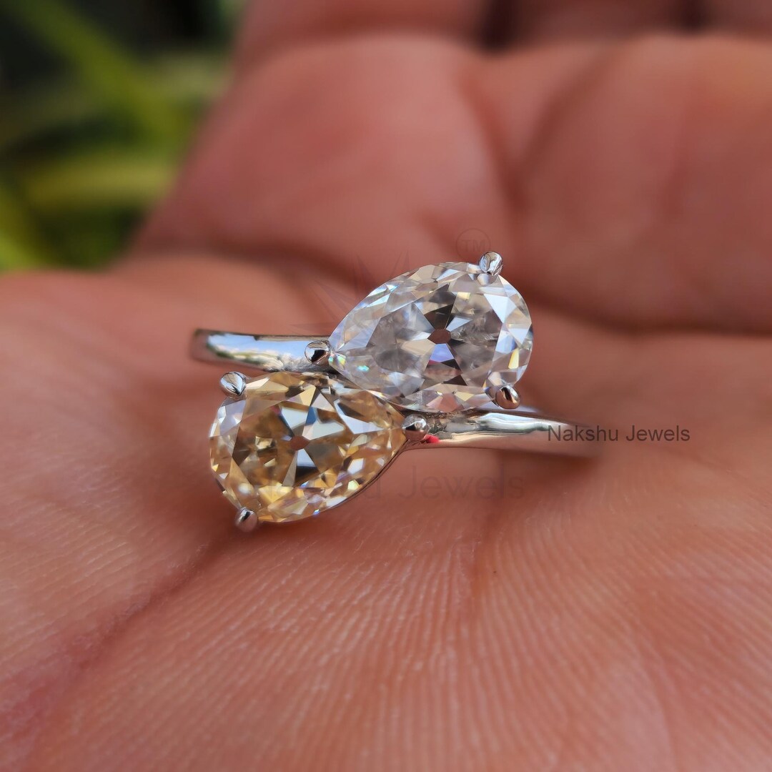 Pear Shaped Two Stone Moissanite Engagement Ring Pear Cut Solitaire Diamond Ring 14K Gold Double ...