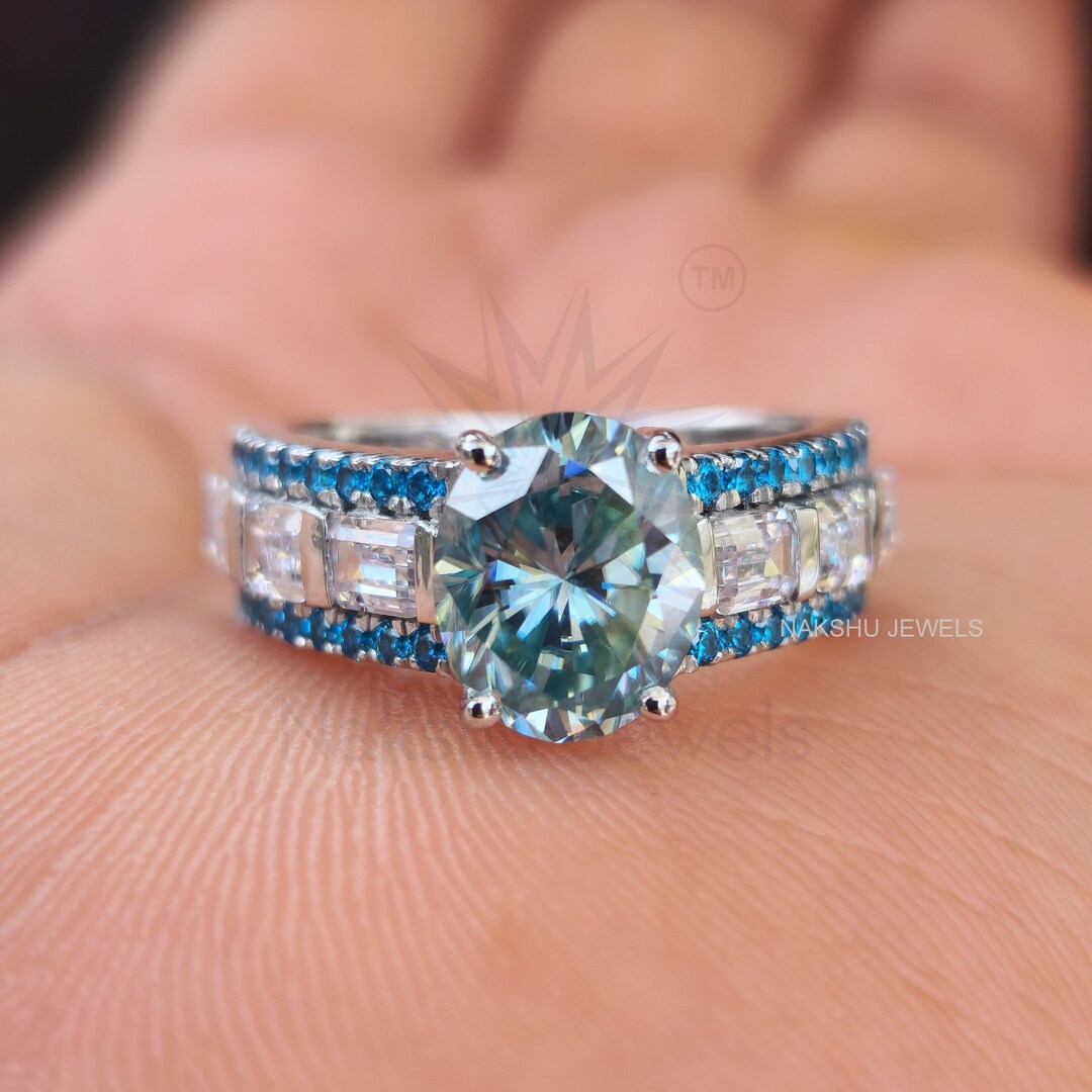 Cyan Blue Oval Cut Moissanite Engagement Ring Vintage Unique Engagement ...