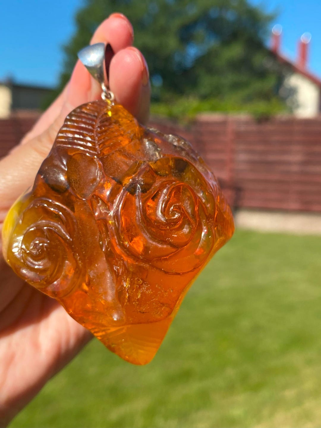 Huge Authentic Baltic Red Amber Silver 925 Handmade Carved Rose Flower ...