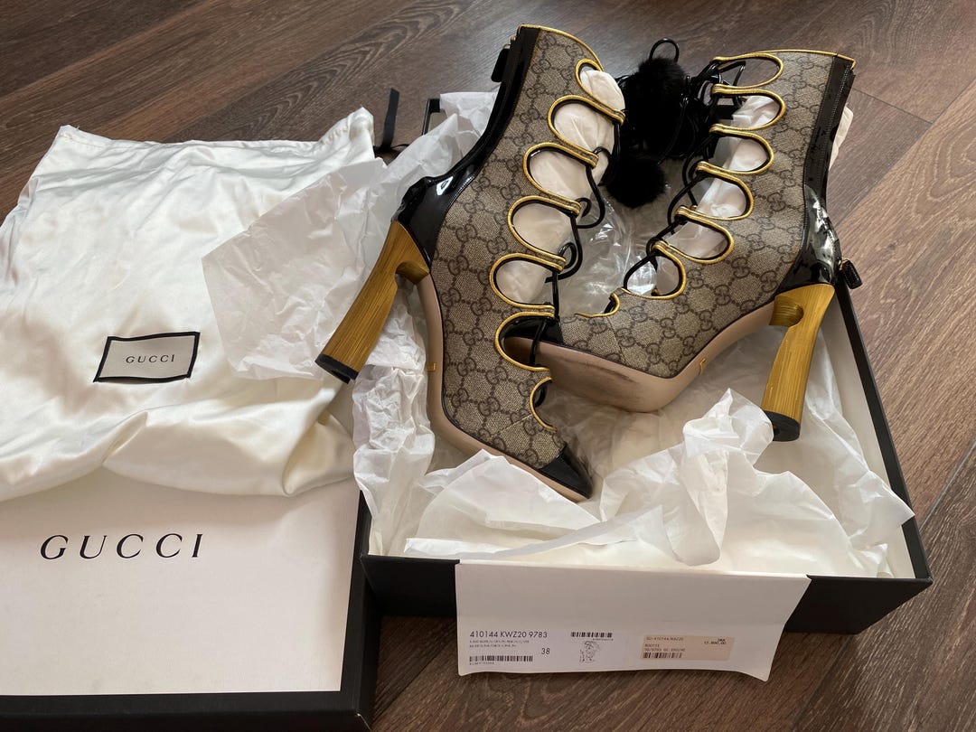 Gucci Bootie Lace up Cloth Heel With Box and Receipt Authentic Pre ...