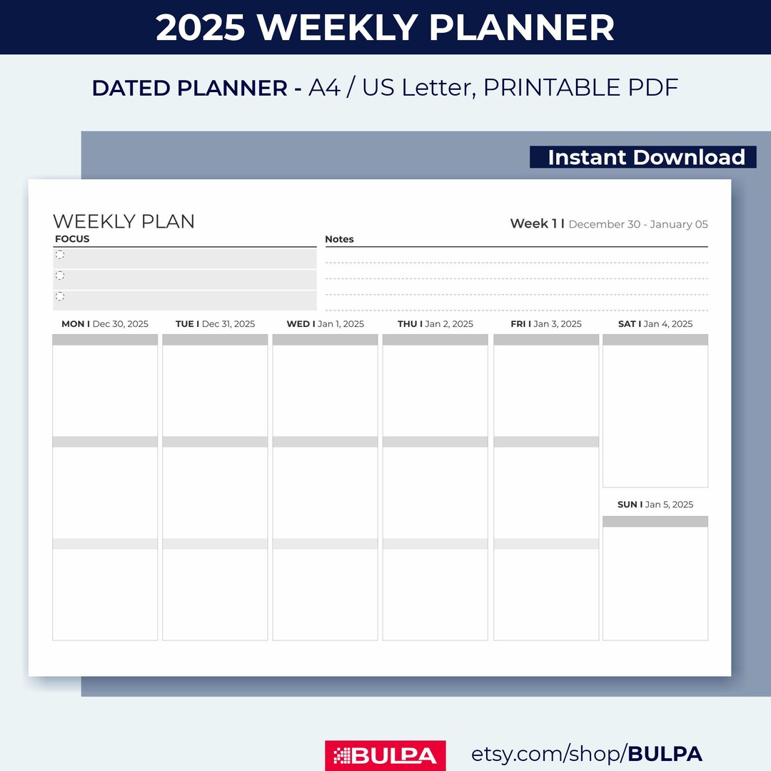 2025 Dated Weekly Planner - Printable A4 and Letter, Landscape, LD06 - Etsy