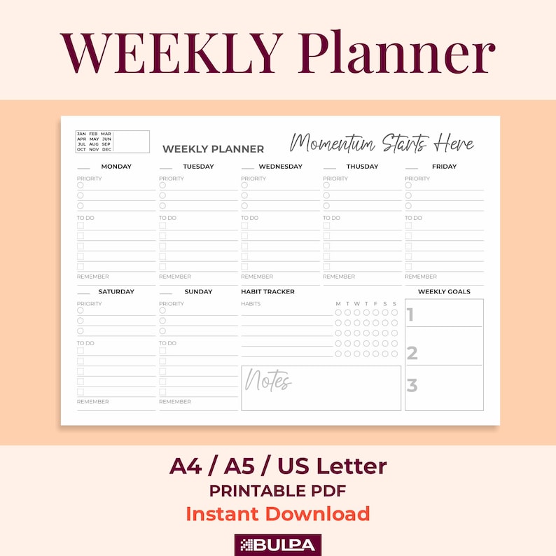 Minimalist Weekly Planner Printable – Undated Landscape Layout (PDF ...