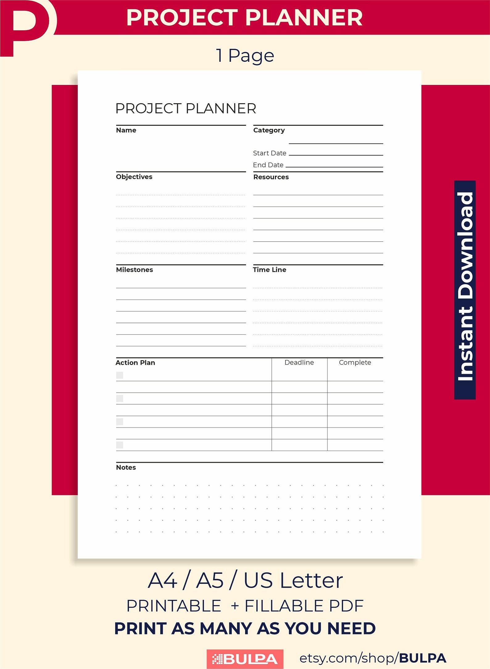 Project Planner for Printable or Digital Fillable, Minimalist Design ...