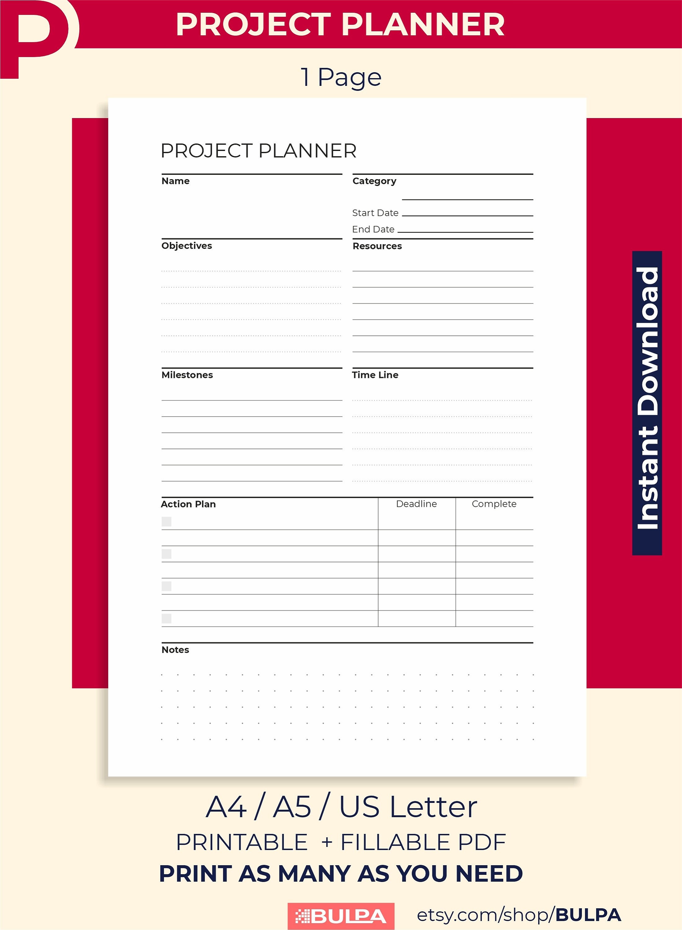 Project Planner for Printable or Digital Fillable, Minimalist Design ...