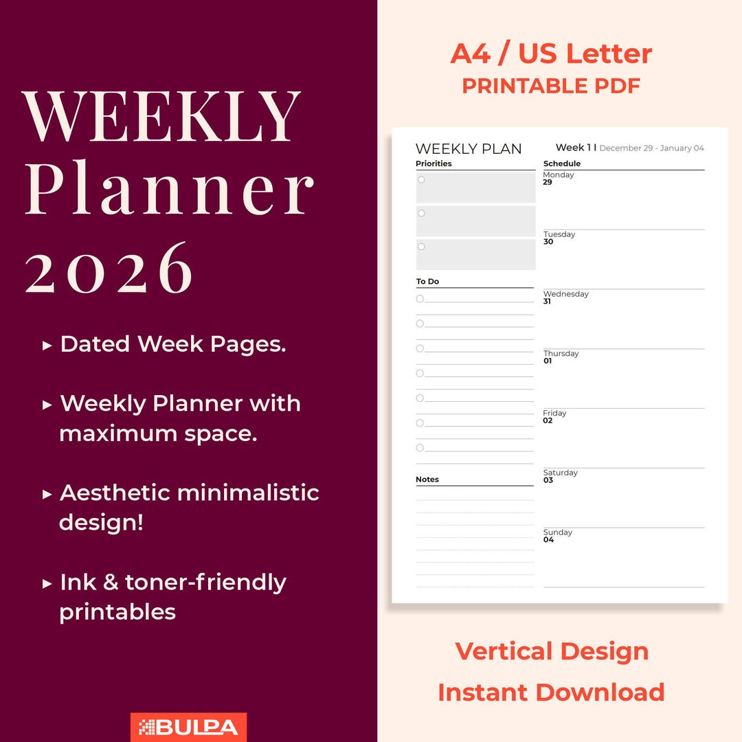 2026 Dated Weekly Planner Printable A4, Letter Size | Simple 2026 ...