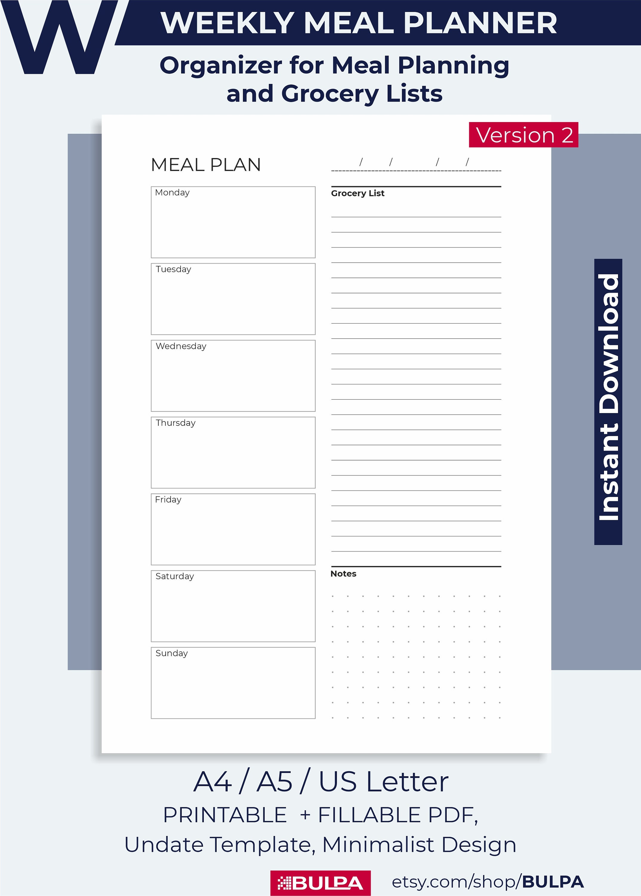 Weekly Meal Planner Printable Organizer for Meal Planning & Grocery ...