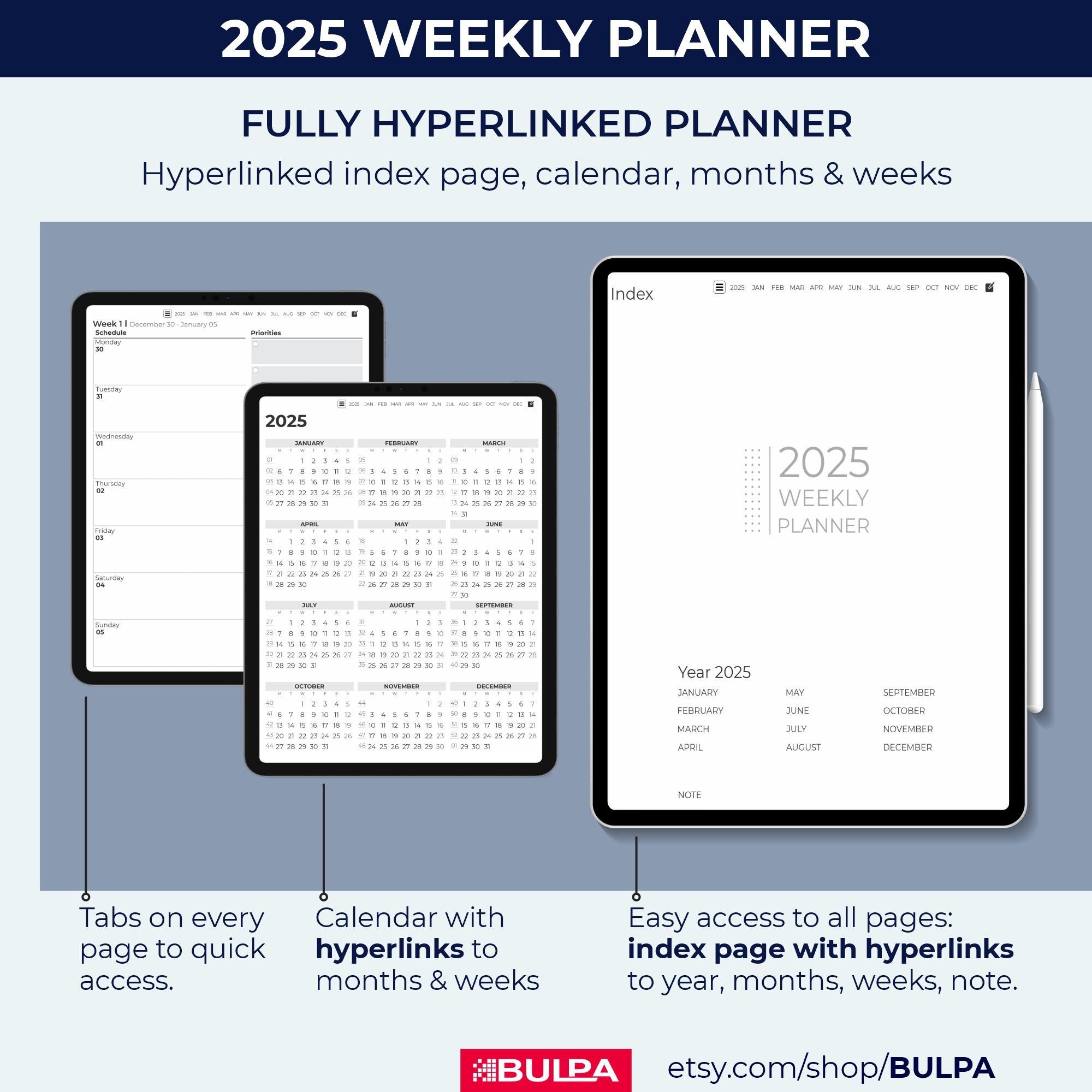 2025 Digital Weekly Planner, Hyperlinked PDF Planner for for Goodnotes ...