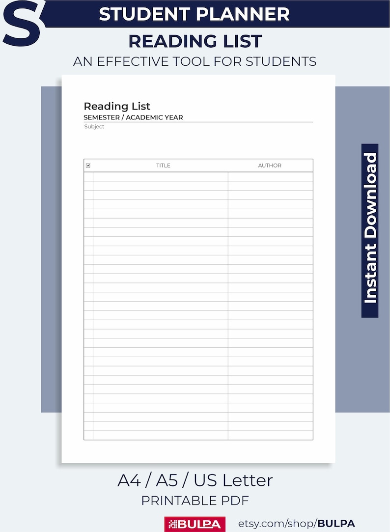 Reading List Tracker, Student Planner Printable, College, University ...