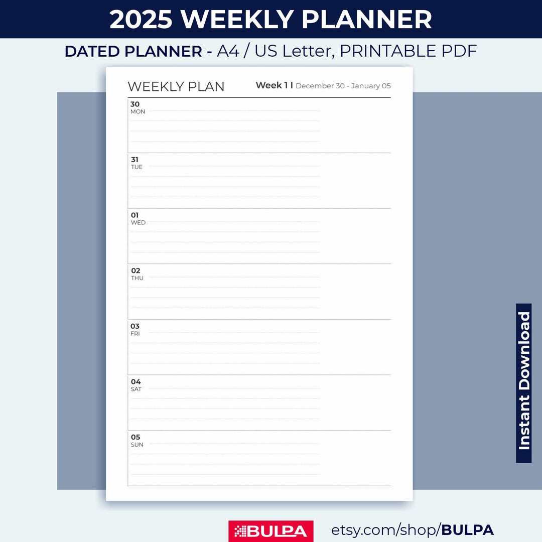 2025 Dated Weekly Planner - Printable A4 and Letter, PD07 - Etsy
