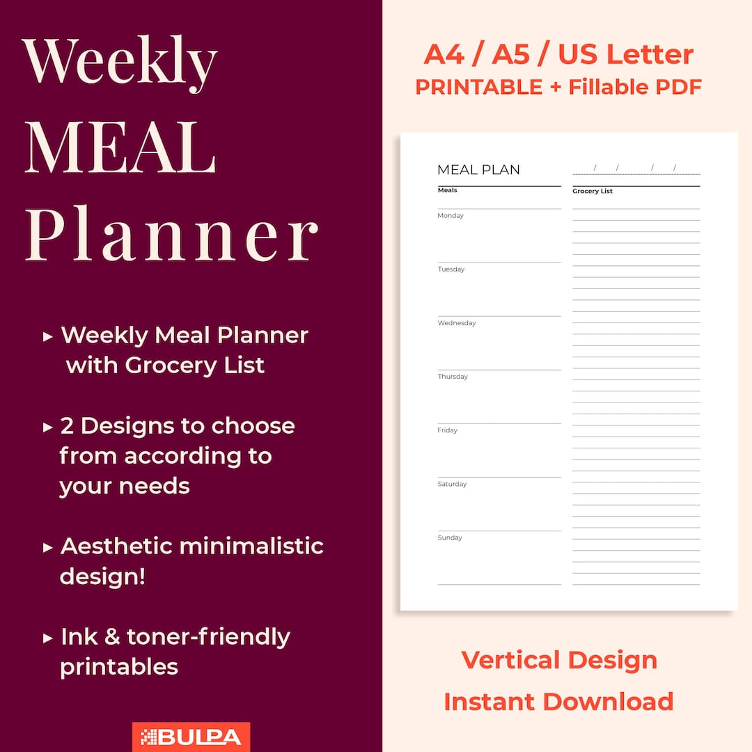 Weekly Meal Planner Printable Organizer for Meal Planning & Grocery ...