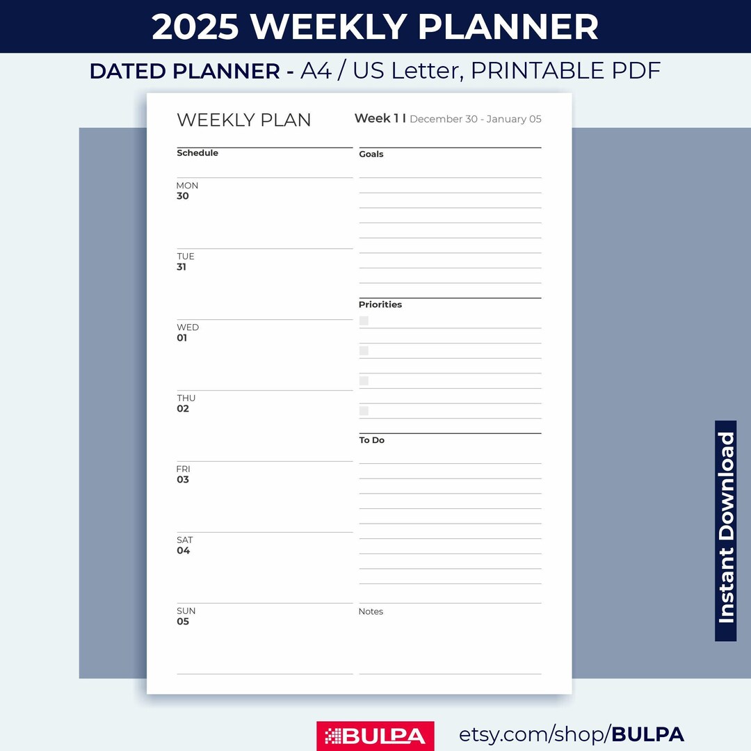 2025 Dated Weekly Planner - Printable A4 and Letter, PD02 - Etsy