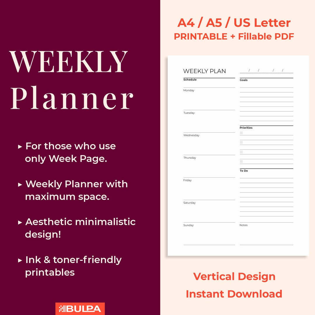 Minimalist Weekly Planner Printable, Undated, A4 A5 Letter (fillable ...