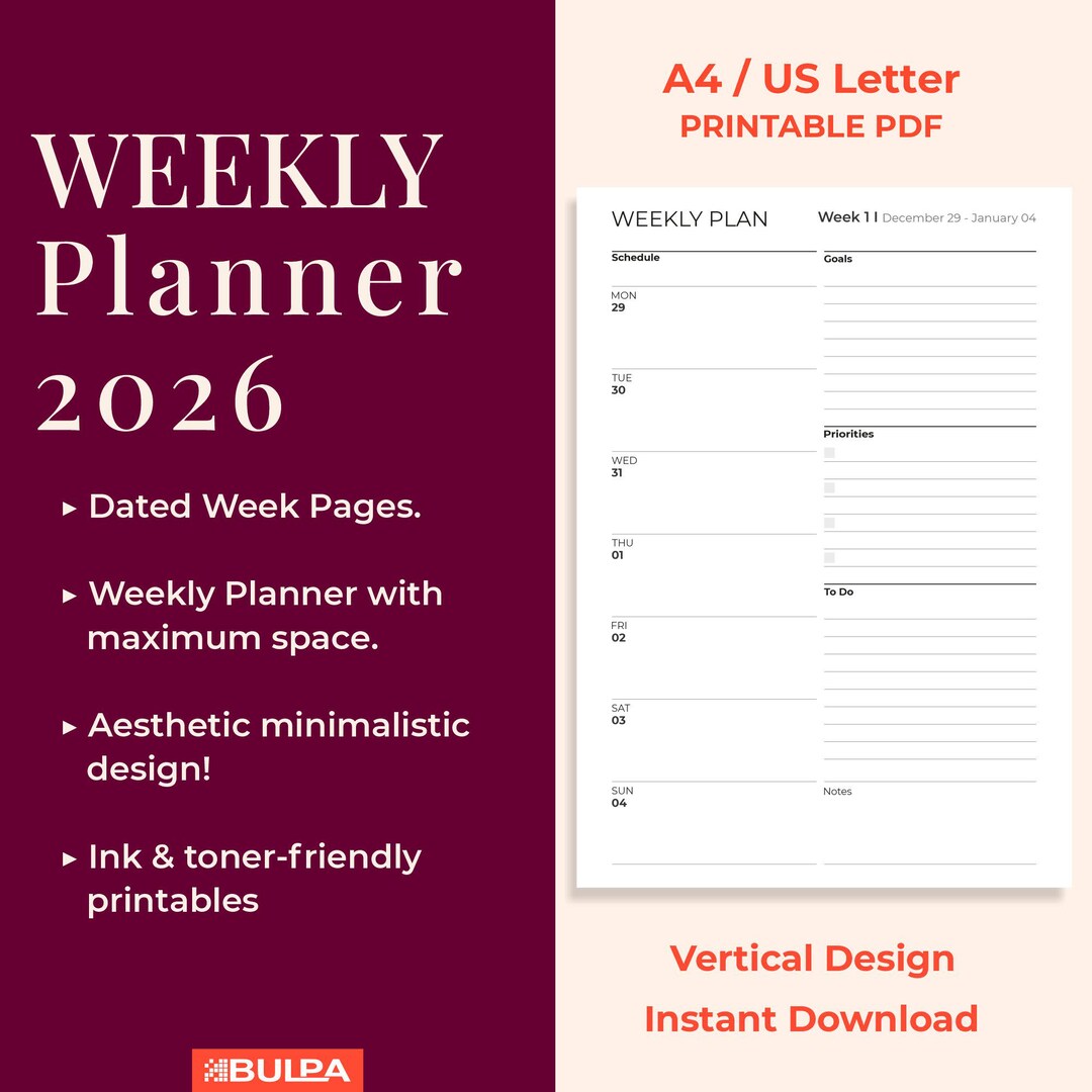 2026 Weekly Planner Printable: Minimalist A4 & Letter Size (digital ...