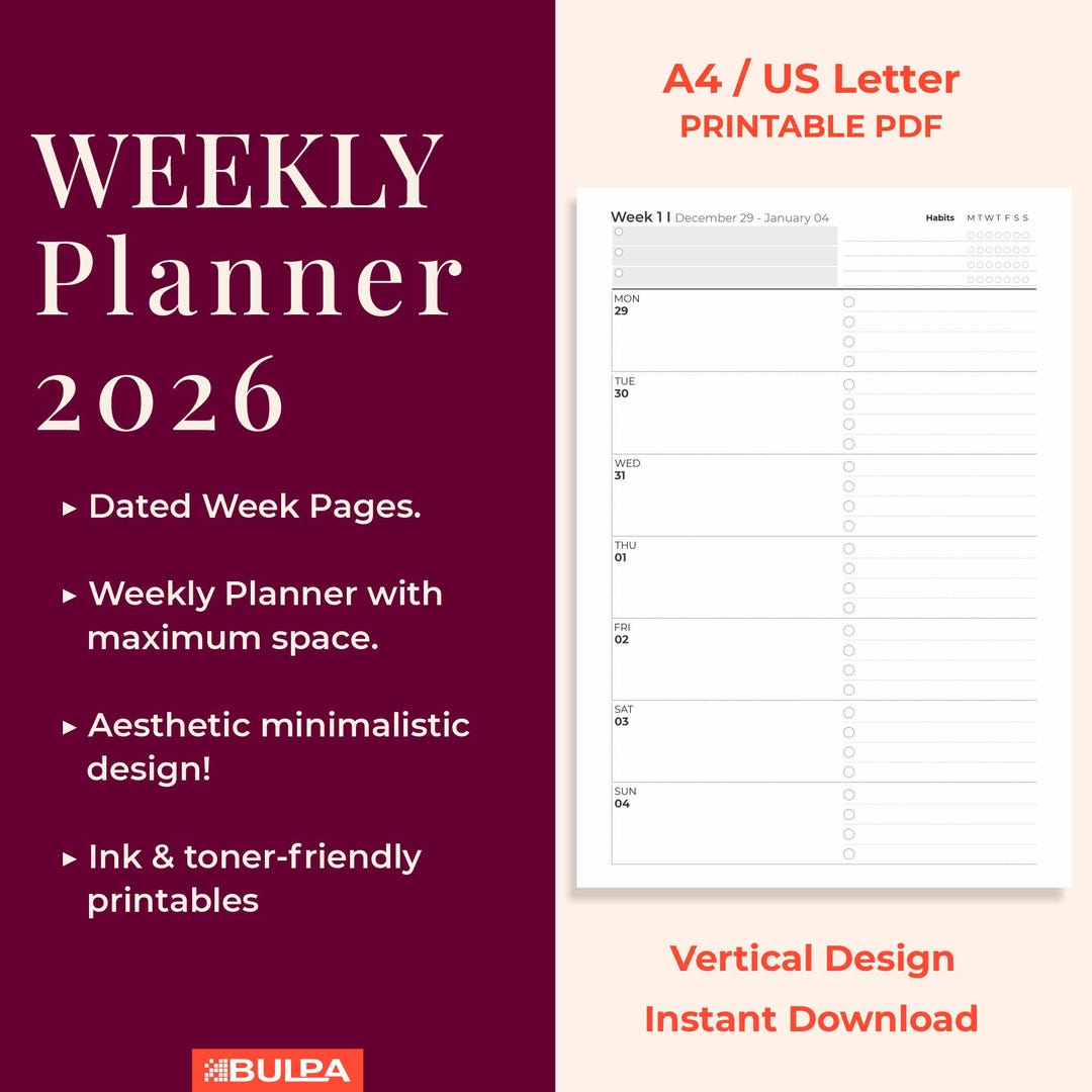2026 Weekly Planner Printable A4, Letter Size | Elegant Dated Organizer ...