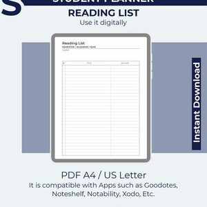 Reading List Tracker, Student Planner Printable, College, University ...