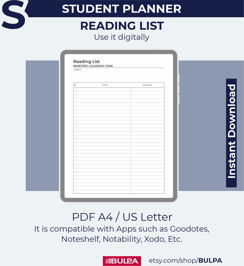 Reading List Tracker, Student Planner Printable, College, University ...