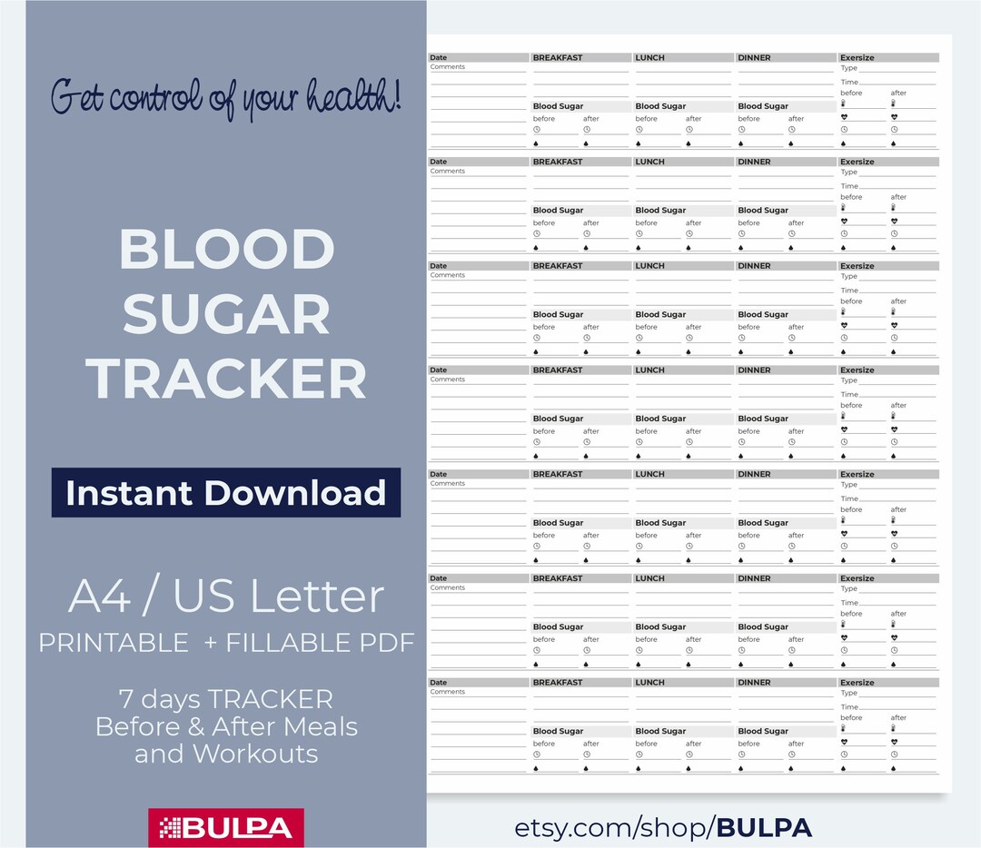Weekly Blood Sugar Tracker - Before & After Meals, Track the Results of ...