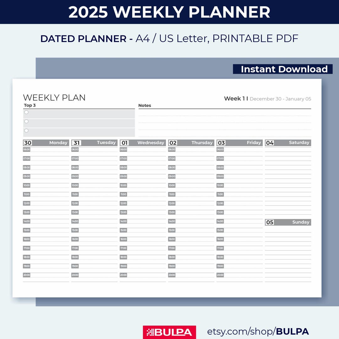 2025 Dated Weekly Planner - Printable A4 and Letter, Landscape, LD01 - Etsy