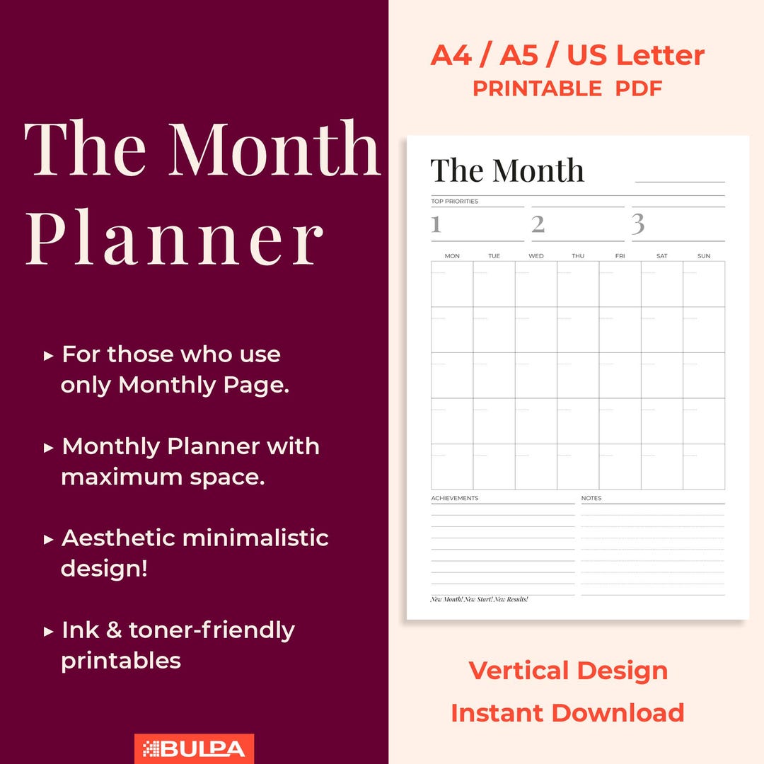 Printable Monthly Planner Page Templates PDF Simple Month, Schedule ...