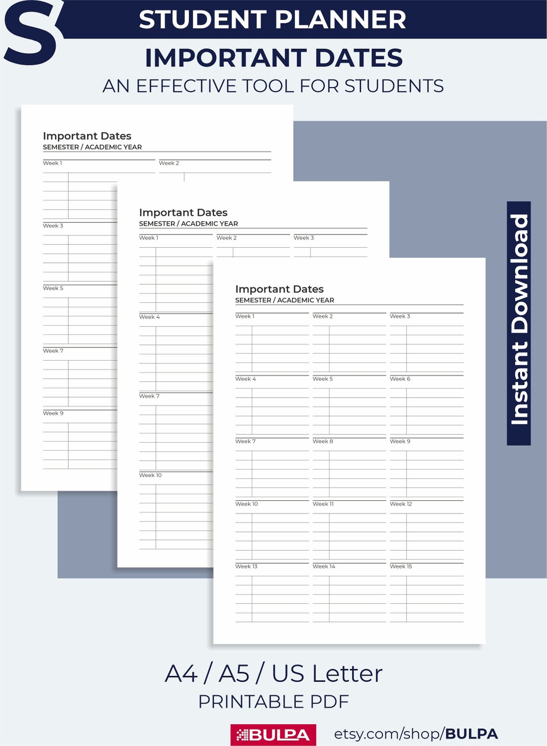 Academic Dates Semester Tracker, Student Planner Printable, College ...