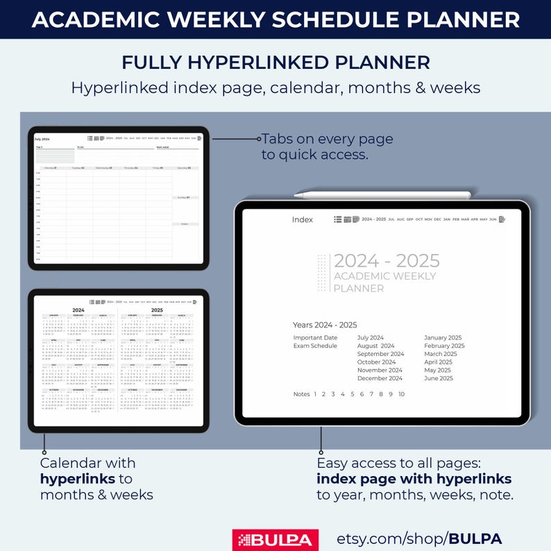 2024 - 2025 Student Digital Weekly Schedule Planner, Hyperlinked PDF ...