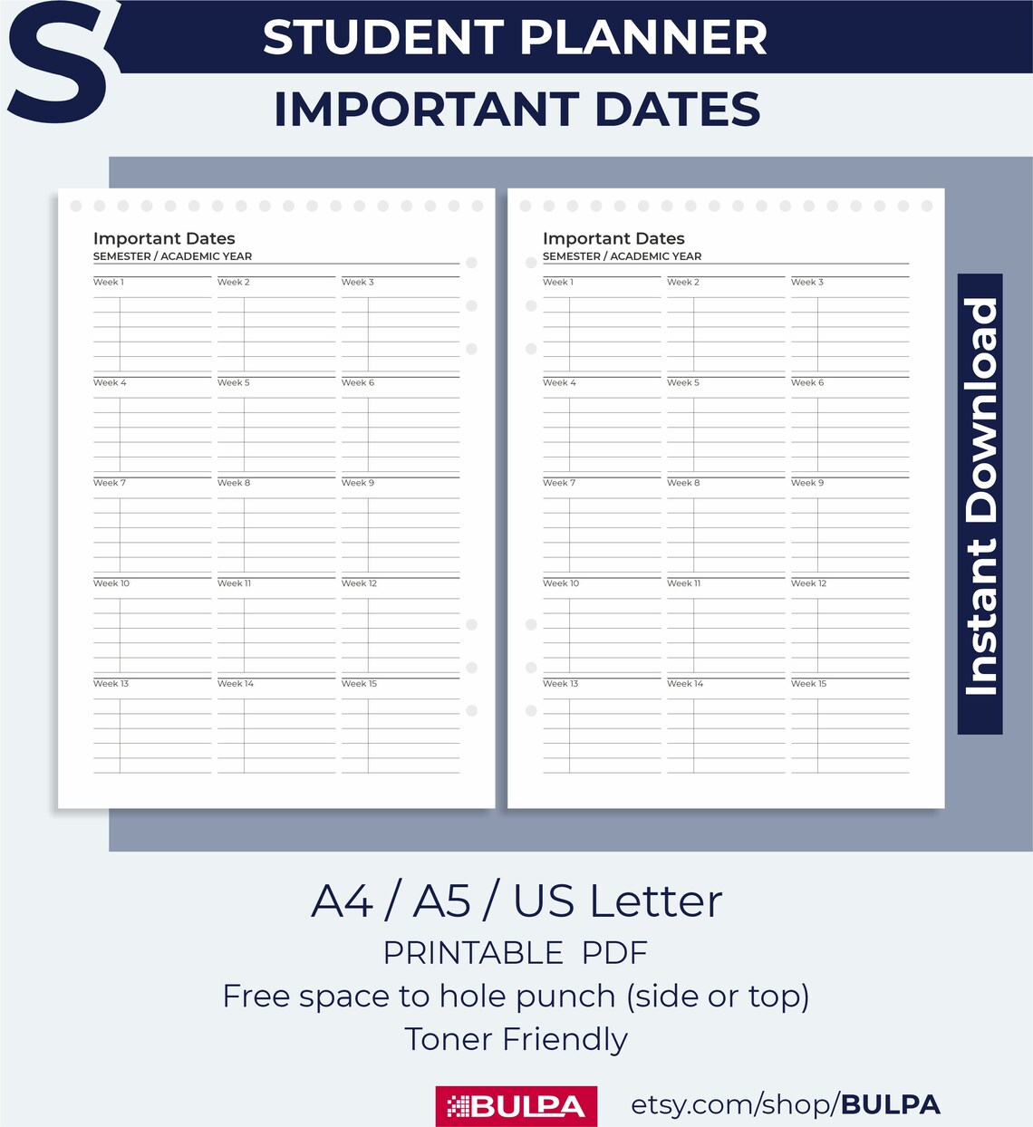 Academic Dates Semester Tracker, Student Planner Printable, College ...