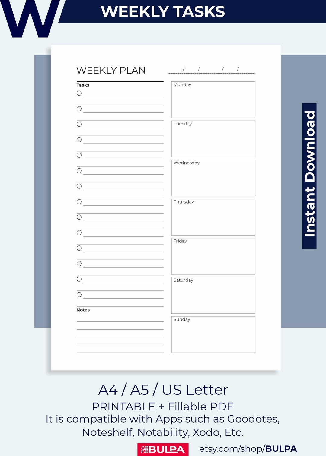 Digital Weekly Planner Template for Note-taking Apps: Notability, Xodo ...