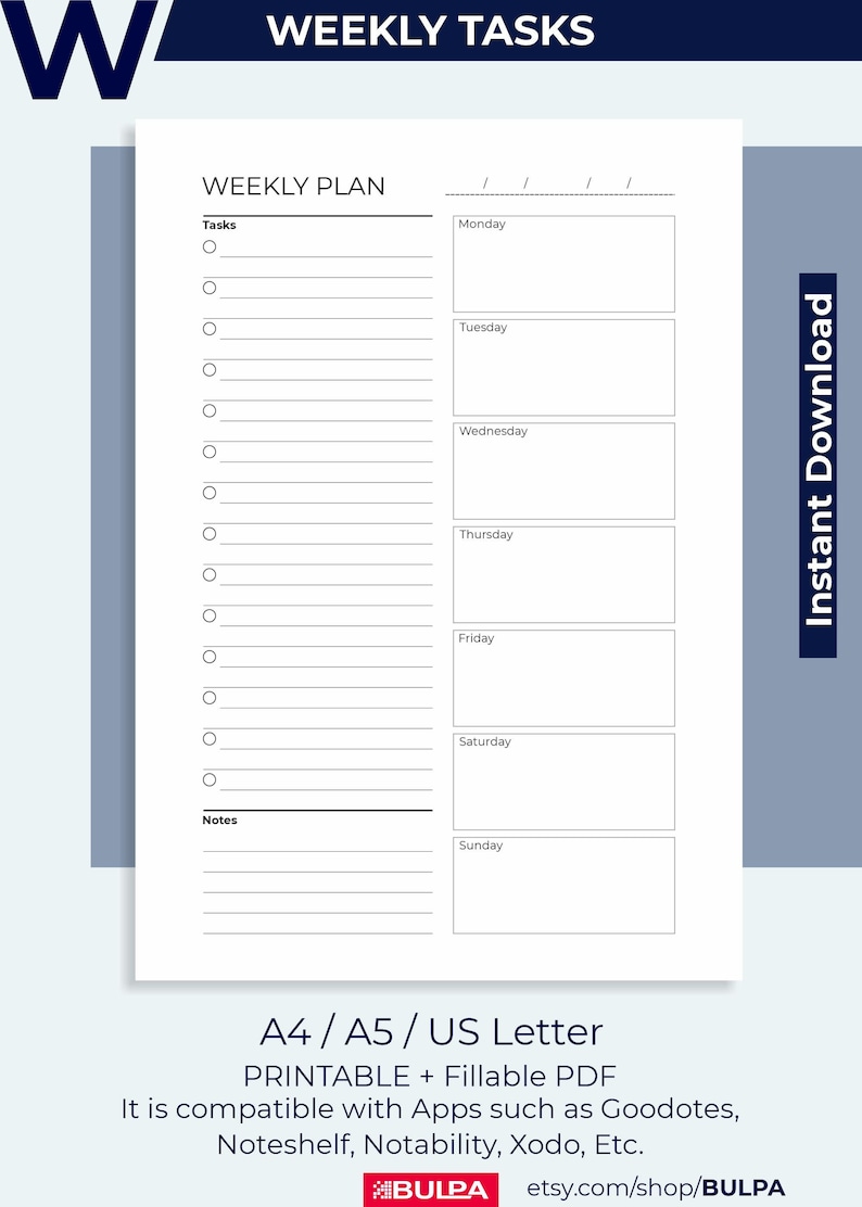 Digital Weekly Planner Template for Note-taking Apps: Notability, Xodo ...