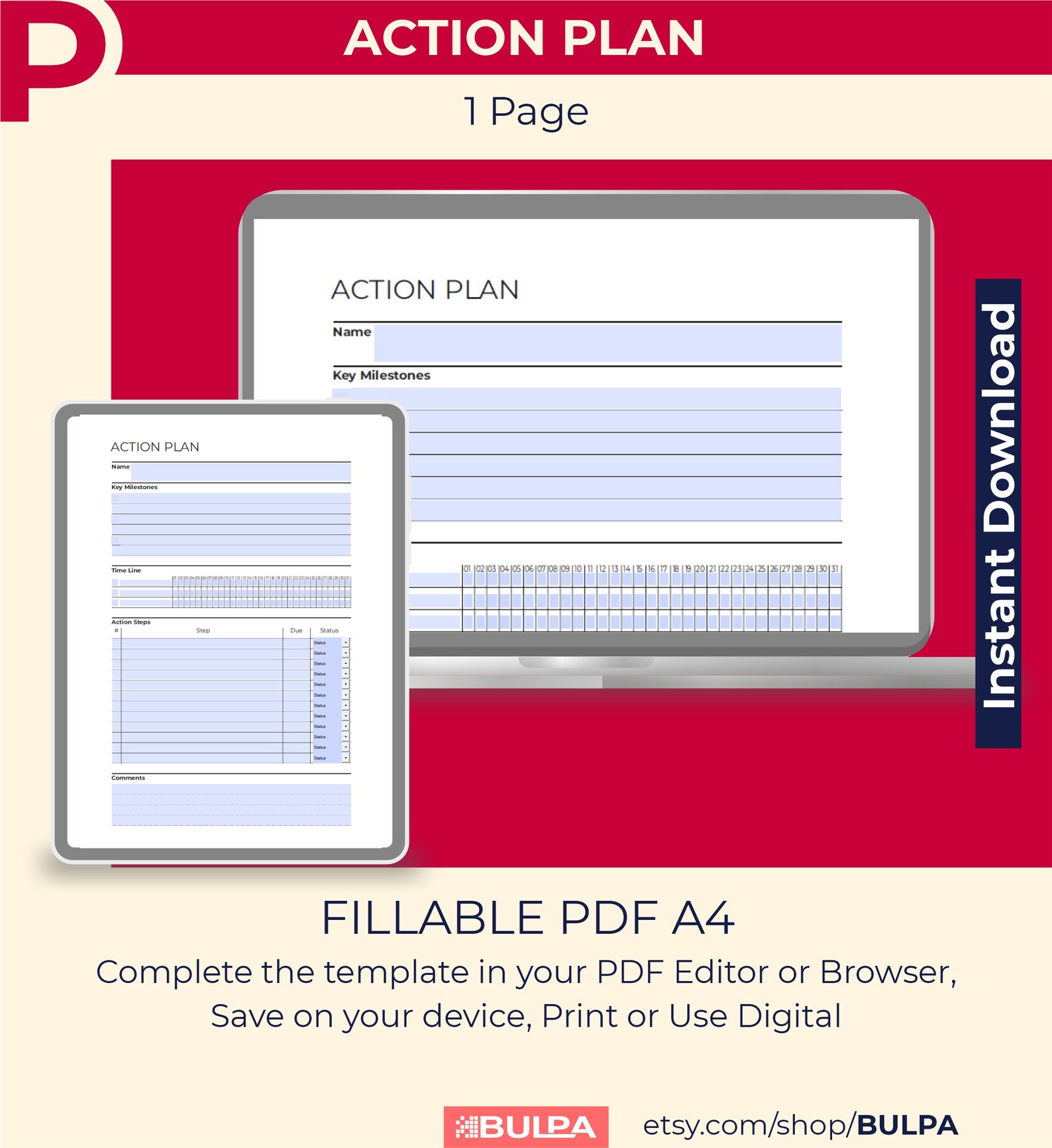 Action Planner for Printable or Digital Fillable, Minimalist Design, A5 ...