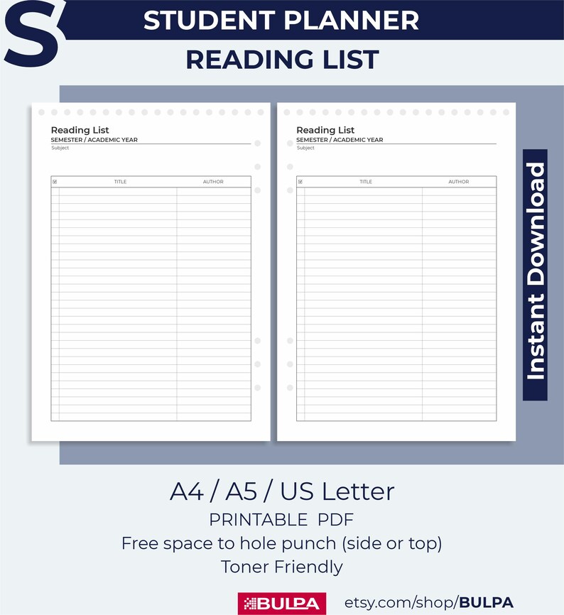 Reading List Tracker, Student Planner Printable, College, University ...