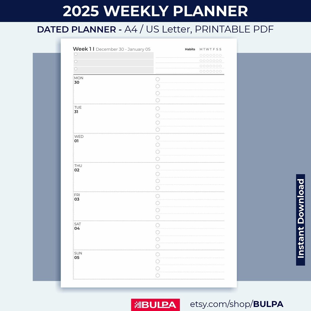 2025 Dated Weekly Planner - Printable A4 and Letter, PD01 - Etsy