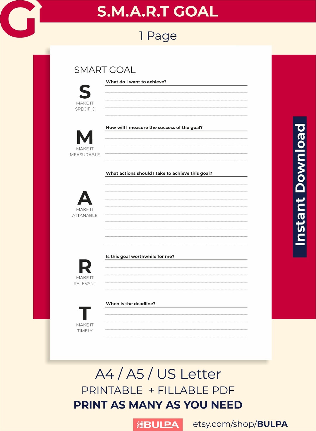 S.M.A.R.T Goal Template for Printable or Digital Fillable, Minimalist ...