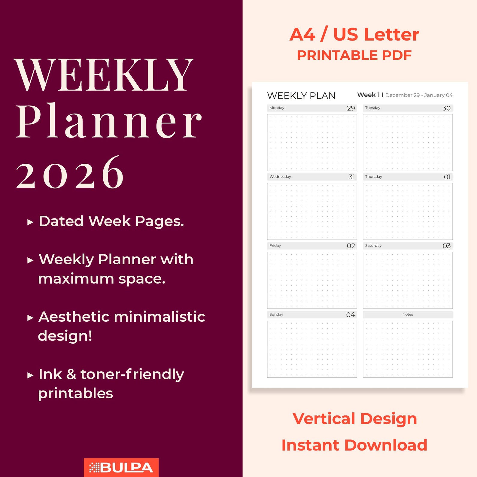 2026 Weekly Planner Printable: A4/letter Size Dated Organizer PDF ...