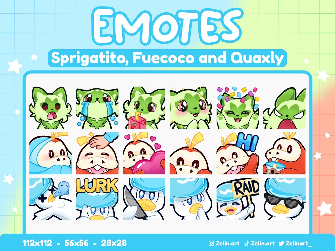 Sprigatito, Fuecoco and Quaxly | 18 Emotes MEGA PACK for Twitch ...