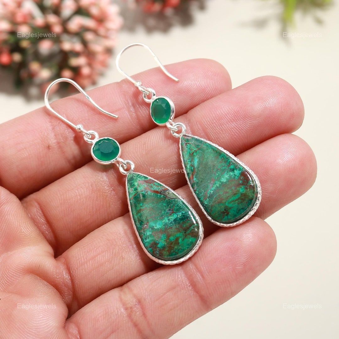 Rare Azurite Malachite Gemstone Earrings, Green Drop & Dangle Earrings ...