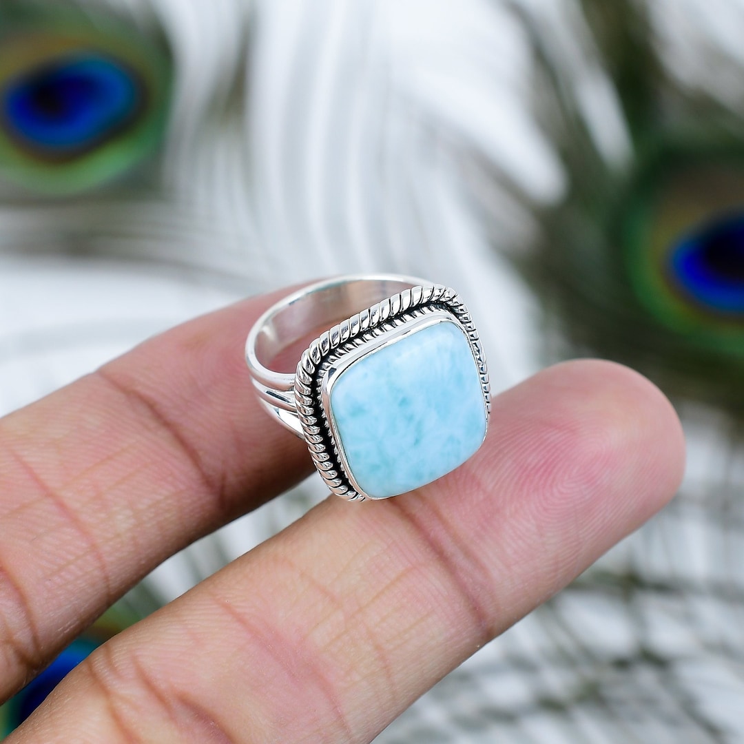 Dominican Republic Larimar Ring, 925 Sterling Silver Ring, Handmade Ring, Square Gemstone Ring ...